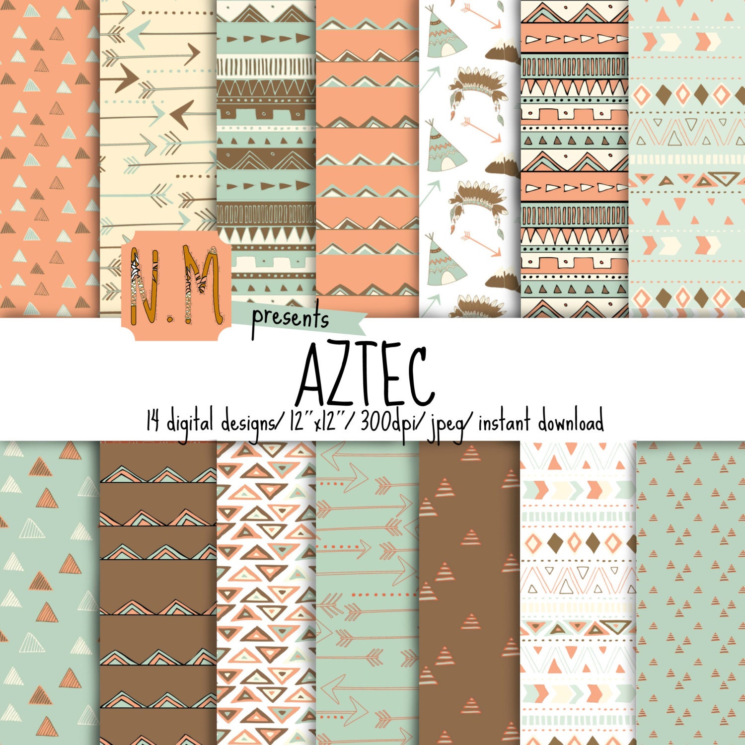 Aztec digital paper pack pastel tribal pattern paper aztec | Etsy