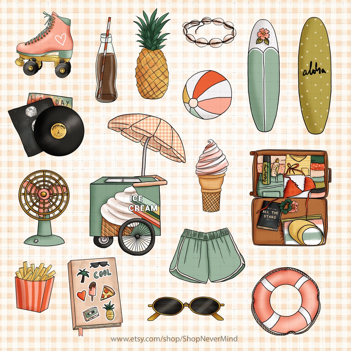 Retro Summer Clipart Kit Retro Beach Digital Clip Art Vintage - Etsy Canada