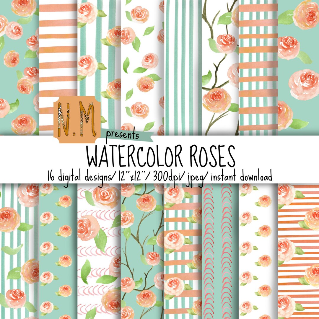 Watercolor Roses Digital Paper Pack Hand Drawn Watercolor Digital ...