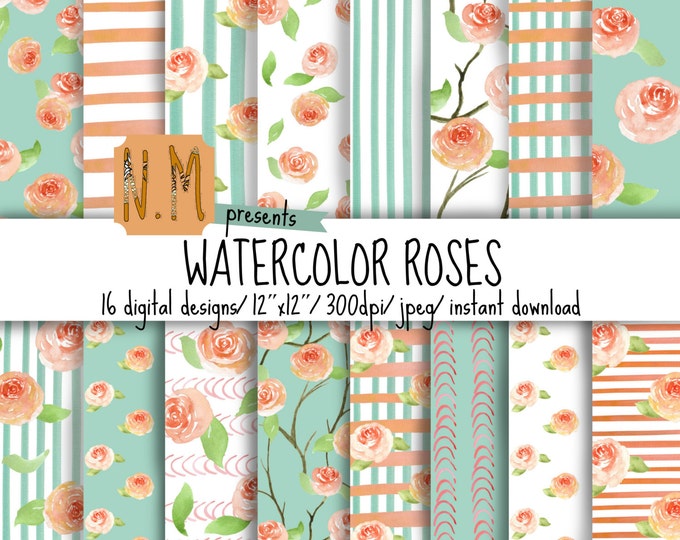 Watercolor Roses Digital Paper Pack Hand Drawn Watercolor Digital ...