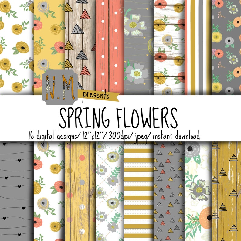 Wood Floral Digital Paper Pack Flowers Digital Pattern - Etsy