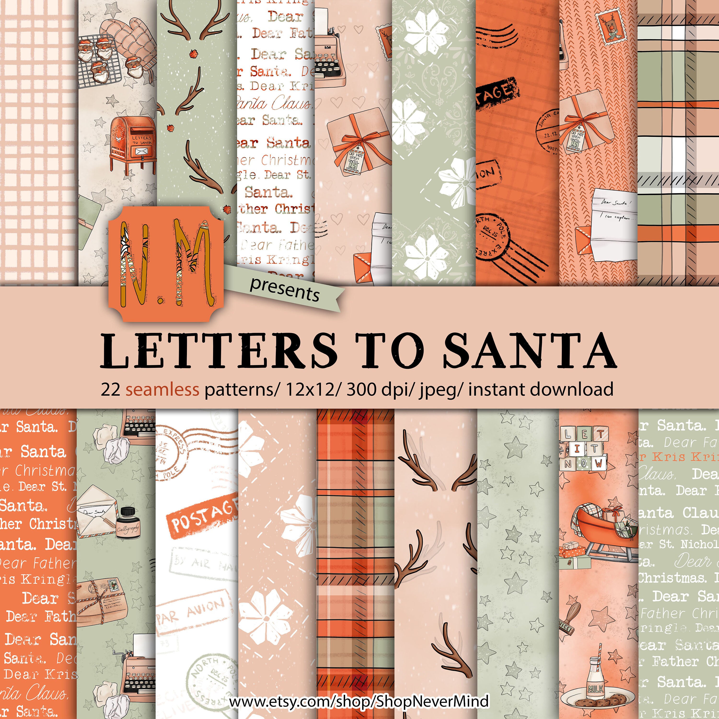 Christmas Digital Paper Pack Letters to Santa Digital Pattern | Etsy