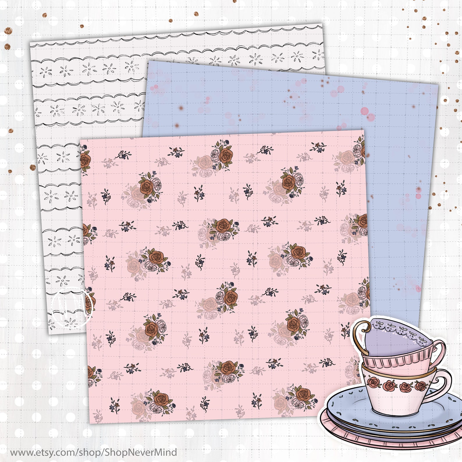 Tea Party Digital Paper Pack Pink Tea Party Digital Pattern - Etsy