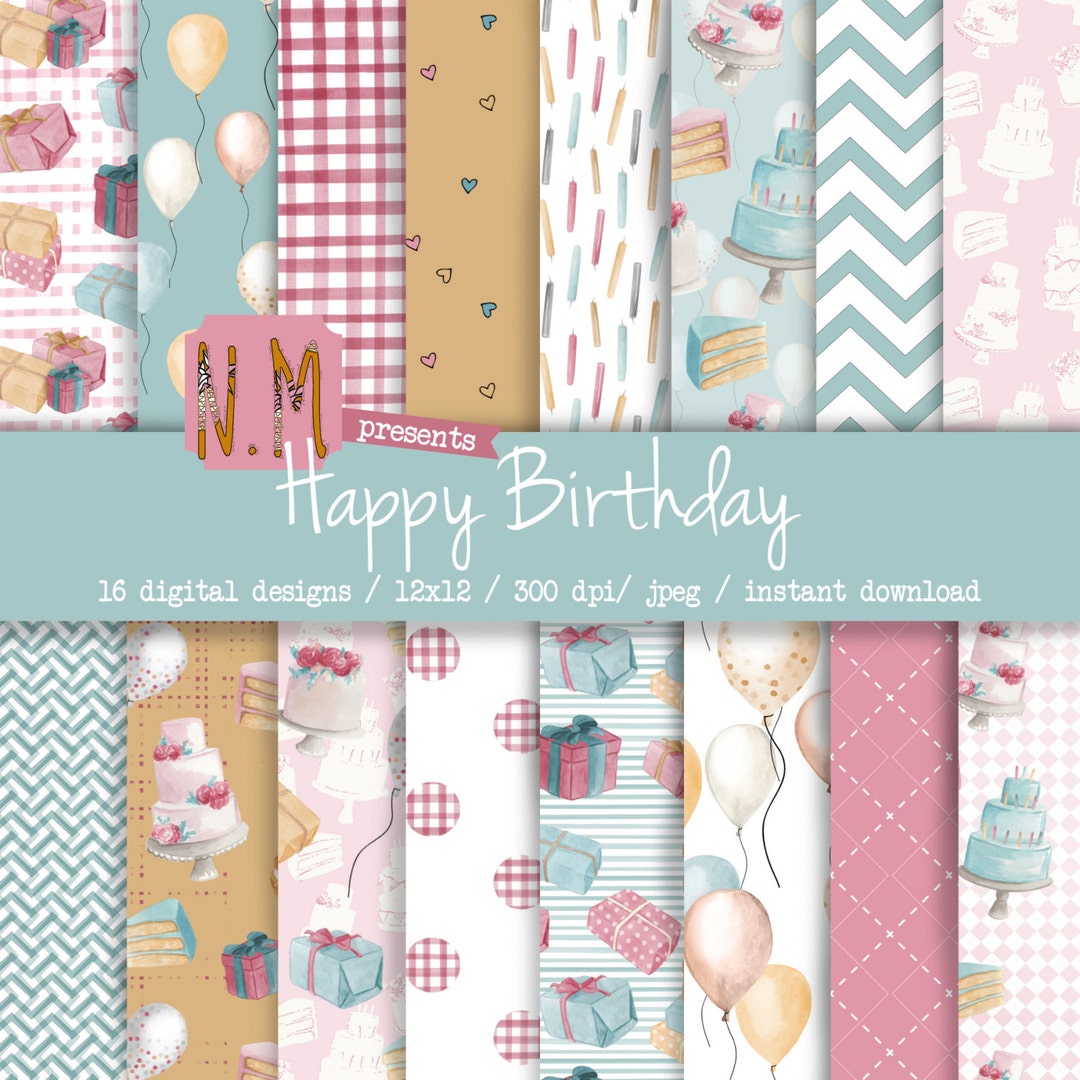 Birthday Digital Paper Pack Happy Birthday Digital Pattern Hand Painted ...