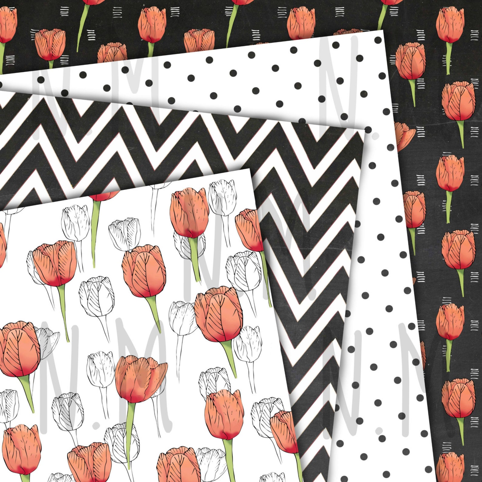 Chalkboard Digital Paper Pack Pink Tulips Digital Pattern | Etsy