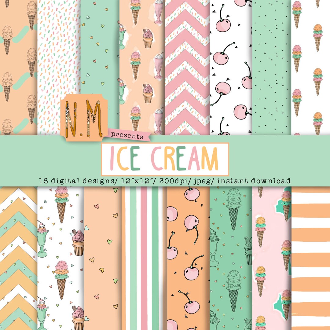 Ice Cream Digital Paper Pack Cute Hand Drawn Ice Cream Digital Pattern ...