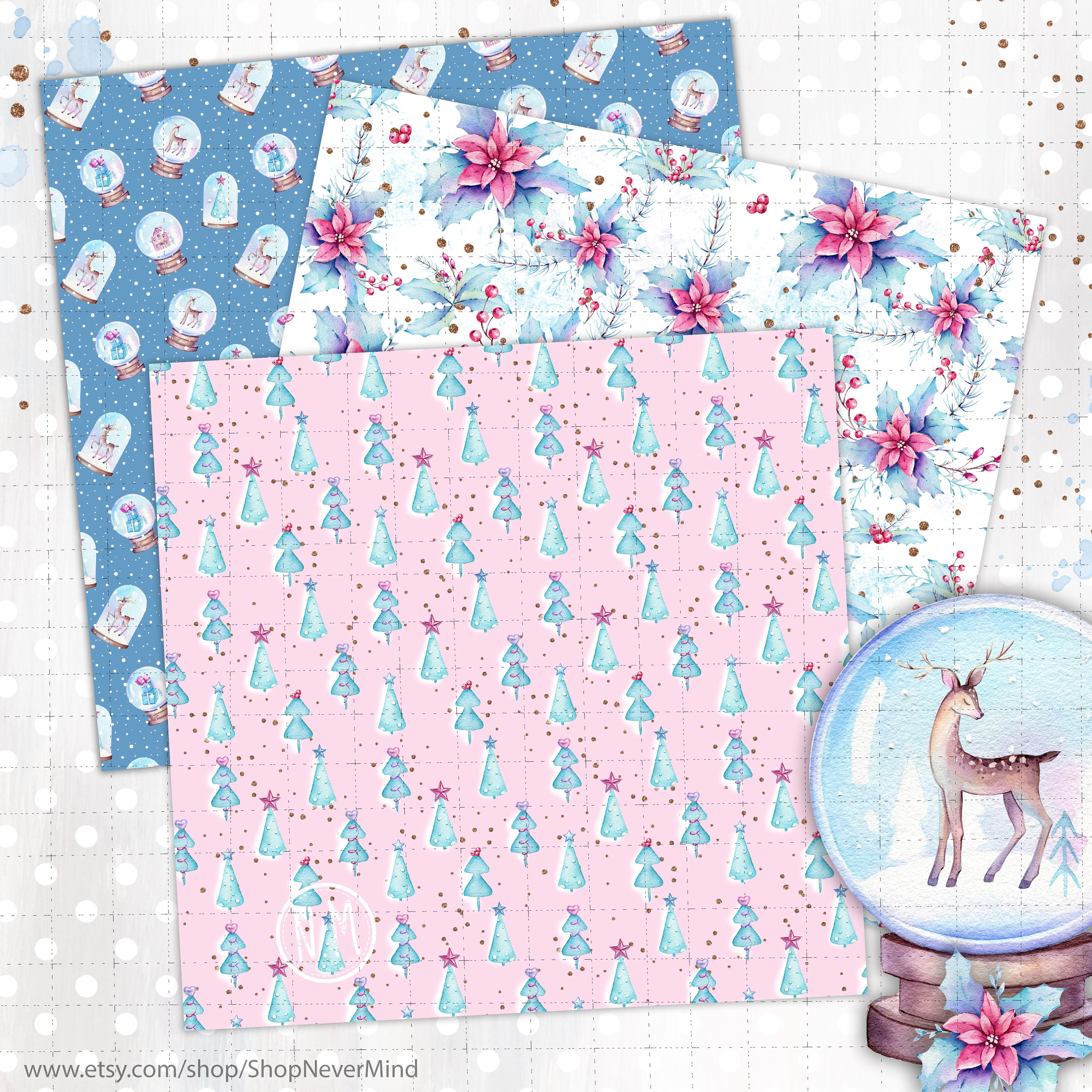 Pink Christmas Digital Paper Pack Snowglobe Winter Digital - Etsy