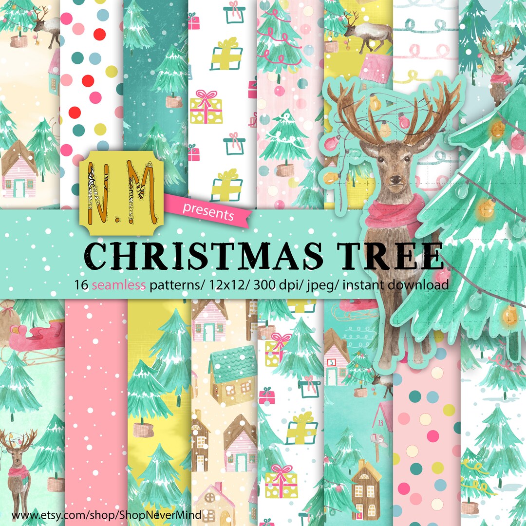 Christmas Paper Pack Cute Christmas Tree Digital Pattern Reindeer Santa ...