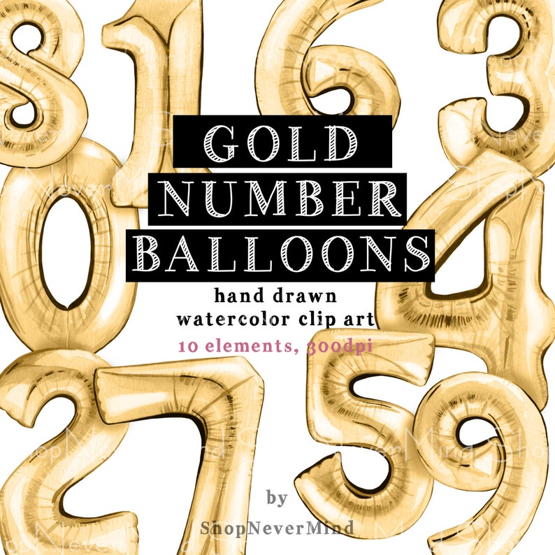 Gold Number Balloons Clip Art Digital Watercolor Gold Foil Birthday ...