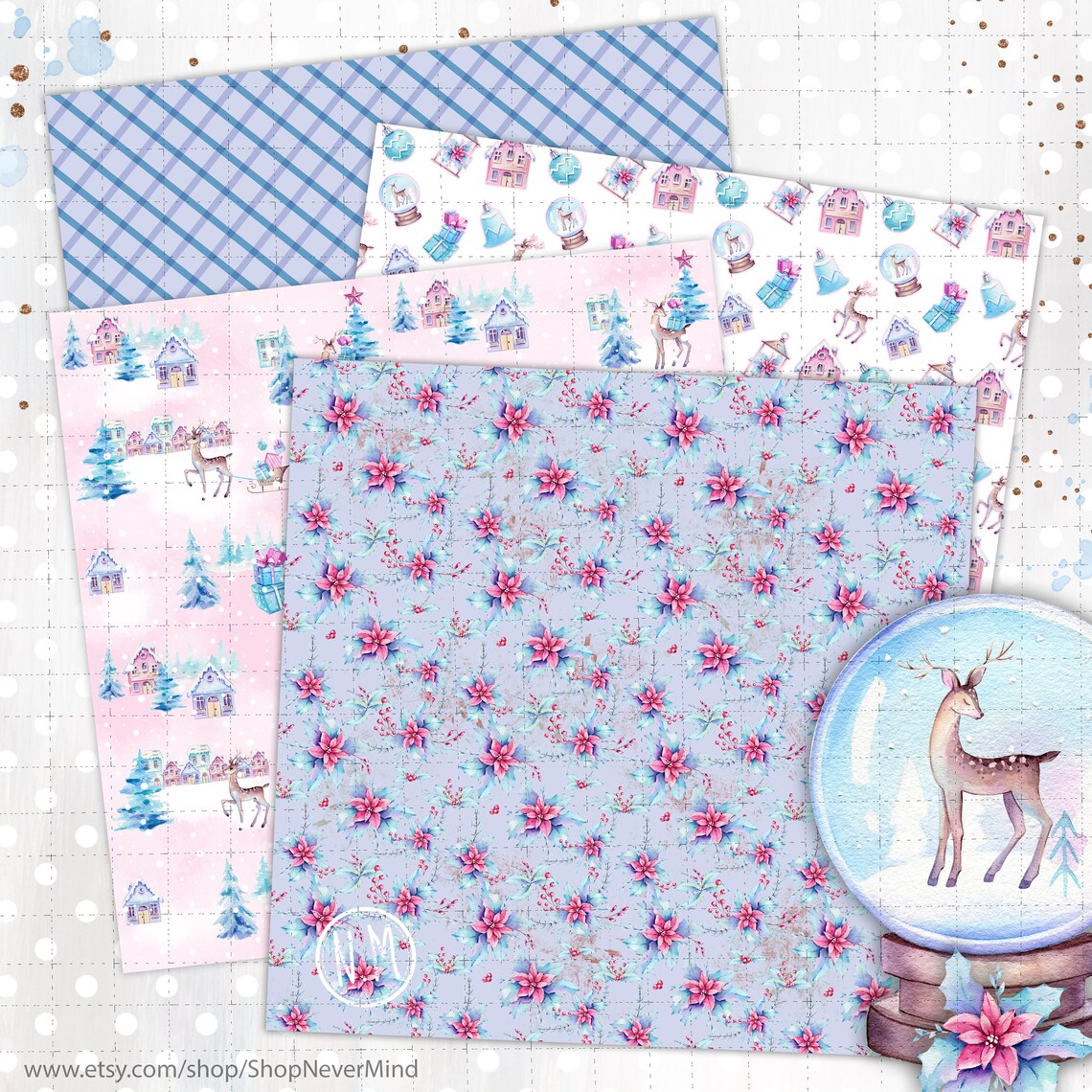 Pink Christmas Digital Paper Pack Snowglobe Winter Digital | Etsy