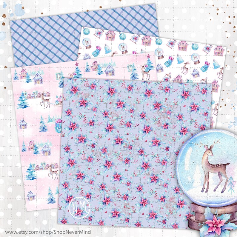 Pink Christmas Digital Paper Pack Snowglobe Winter Digital | Etsy