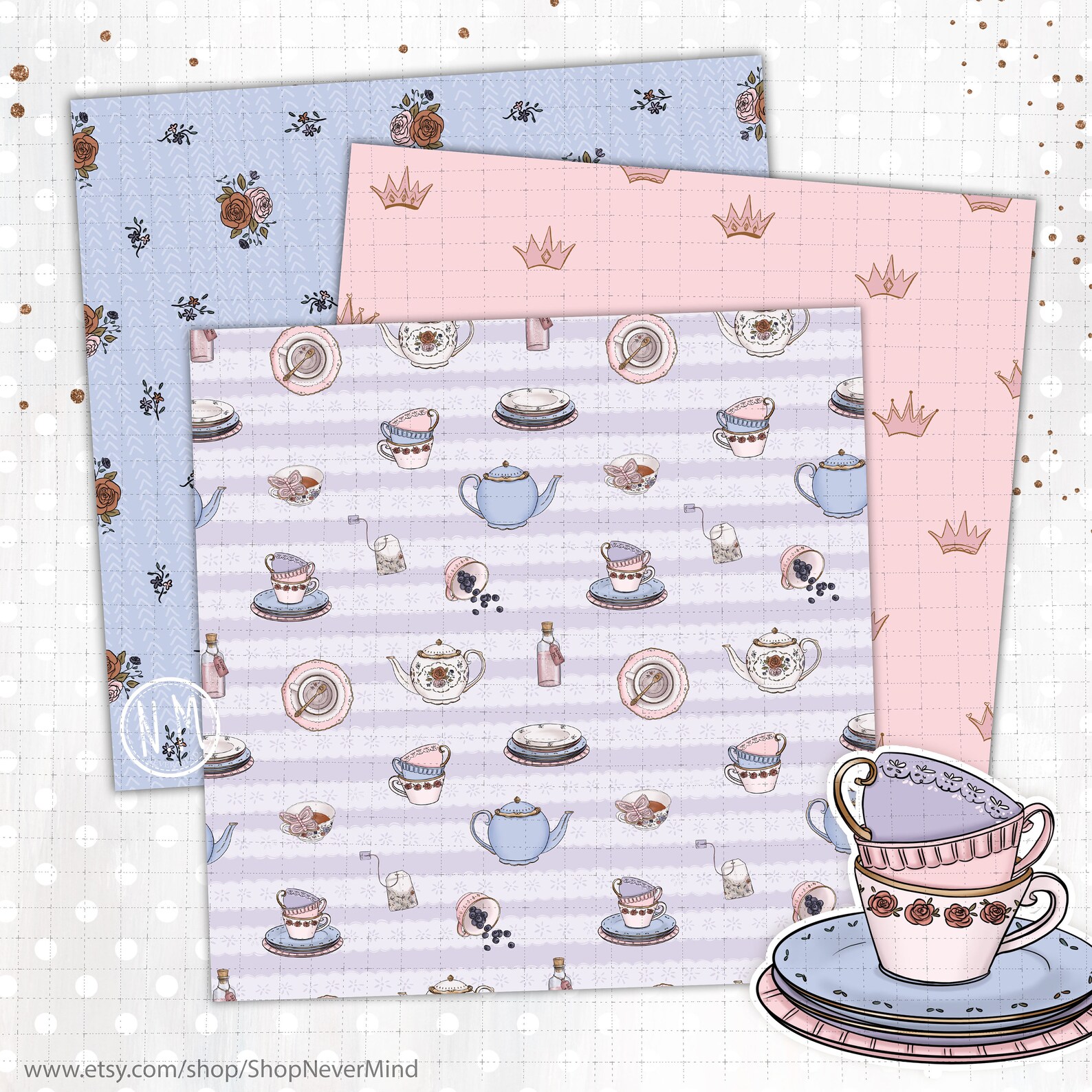 Tea Party Digital Paper Pack Pink Tea Party Digital Pattern - Etsy