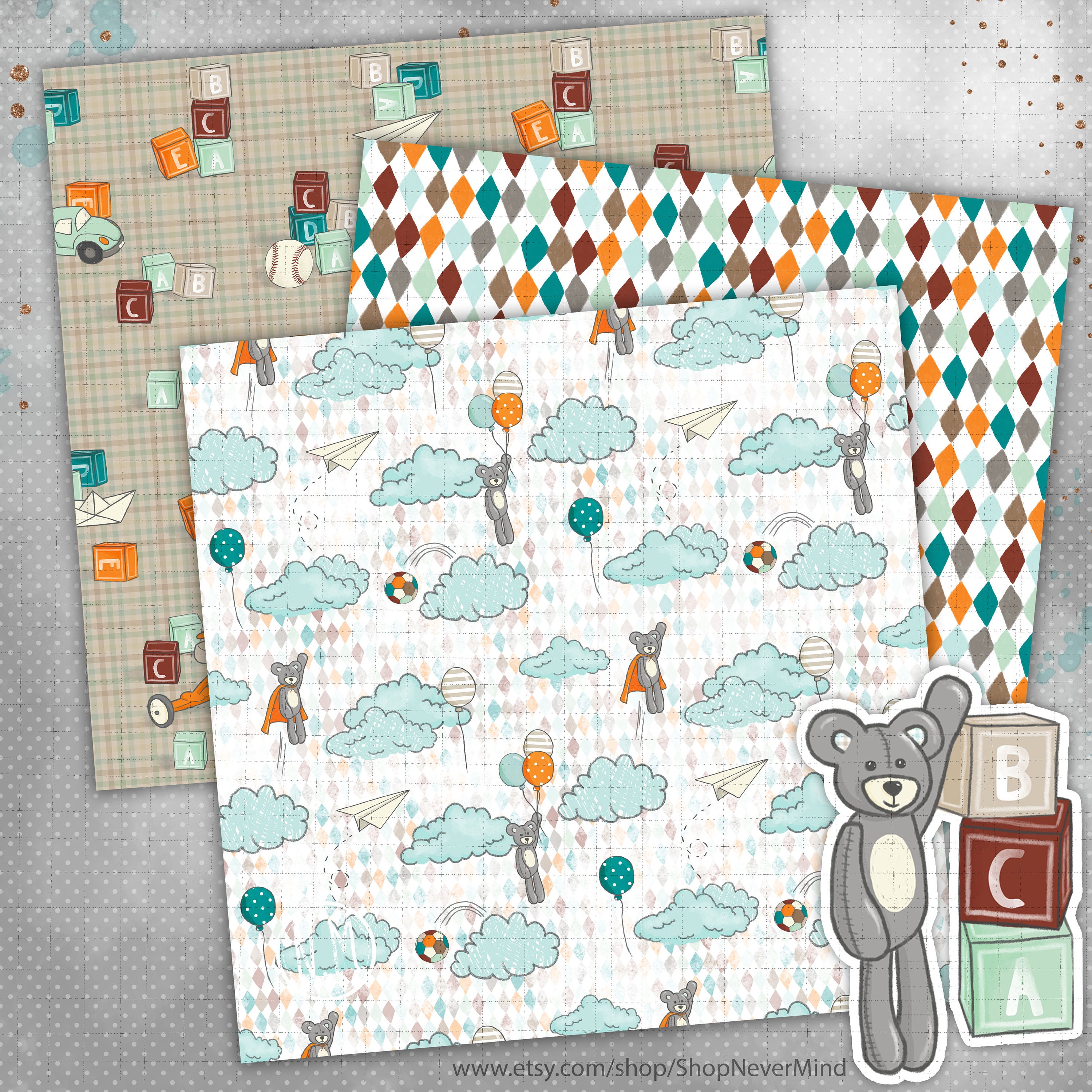 Baby Boy Digital Paper Pack Nursery Baby Shower Digital Pattern ...