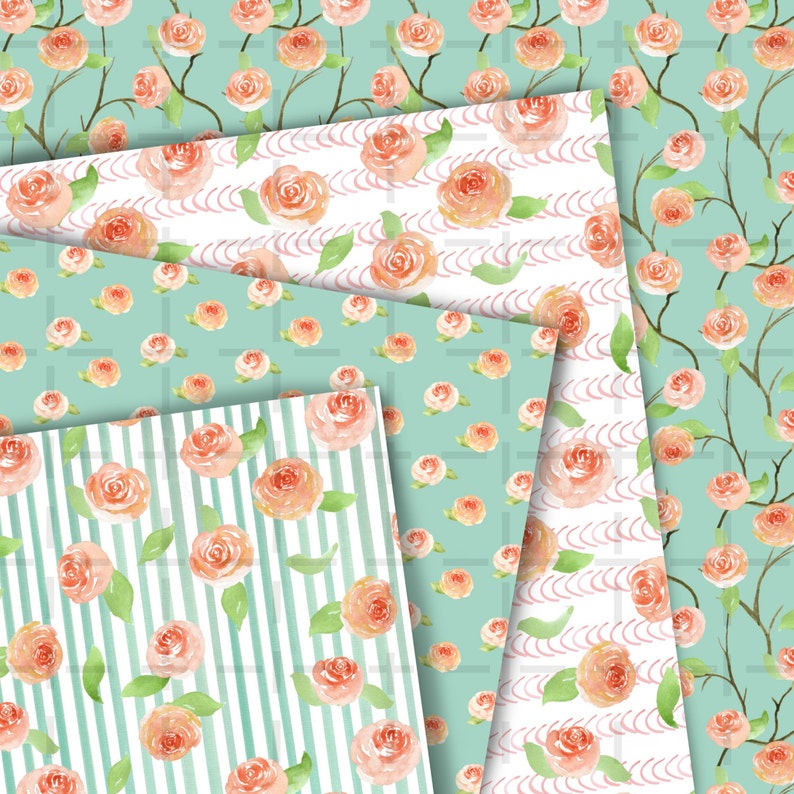 Watercolor Roses Digital Paper Pack Hand Drawn Watercolor | Etsy