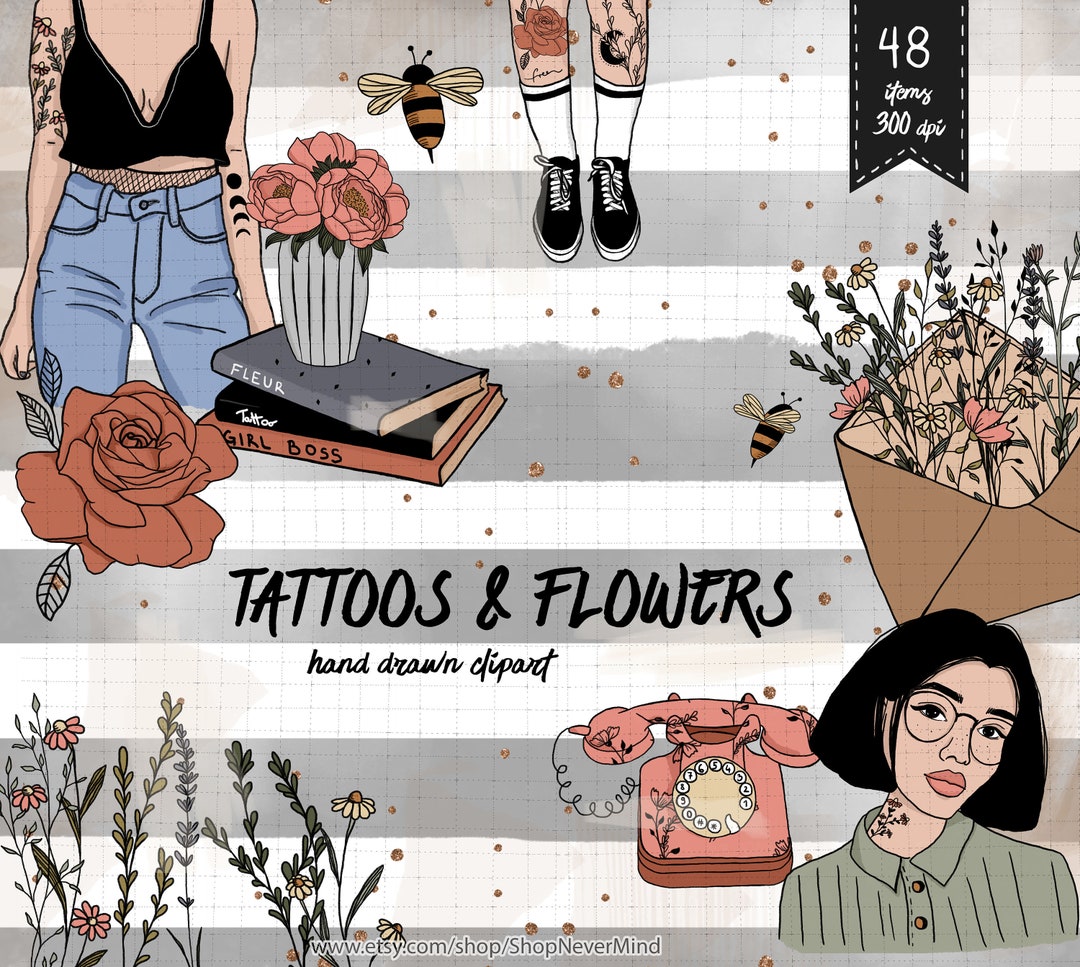 Flowers Clipart Kit Commercial Use Floral Tattoos Fashion Girls Roses ...