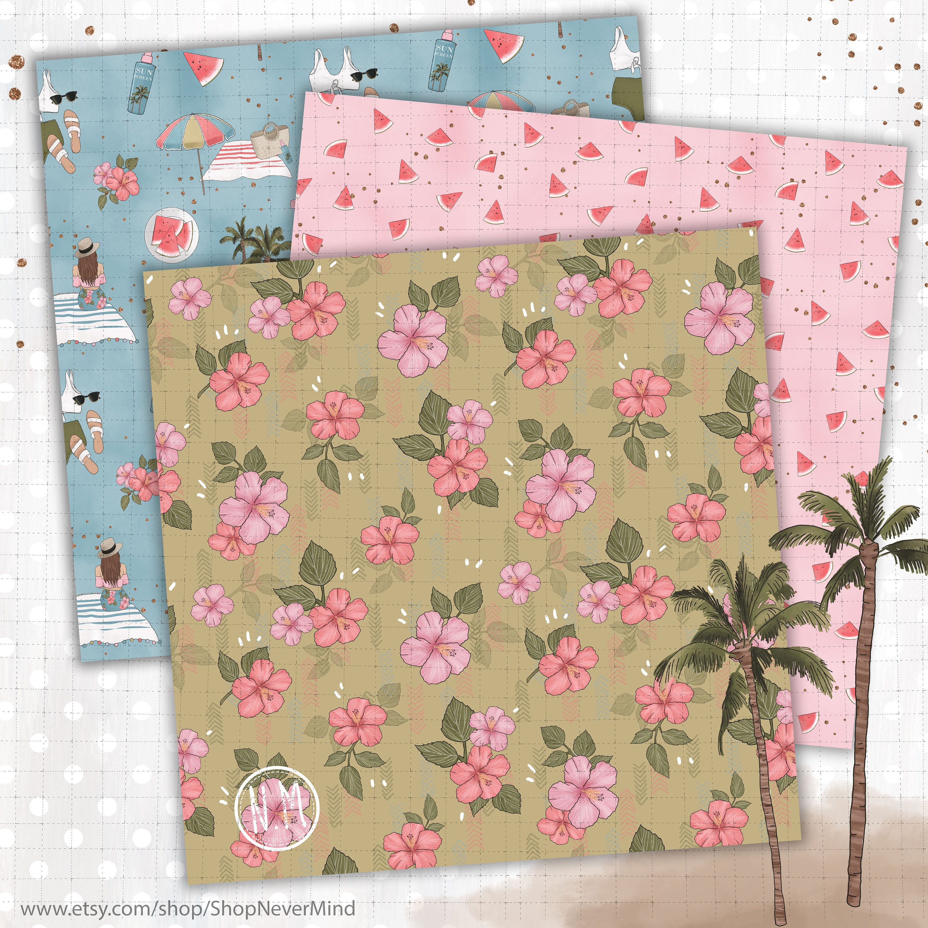 Summer Digital Paper Pack Beach Palm Trees Watermelon Fashion - Etsy