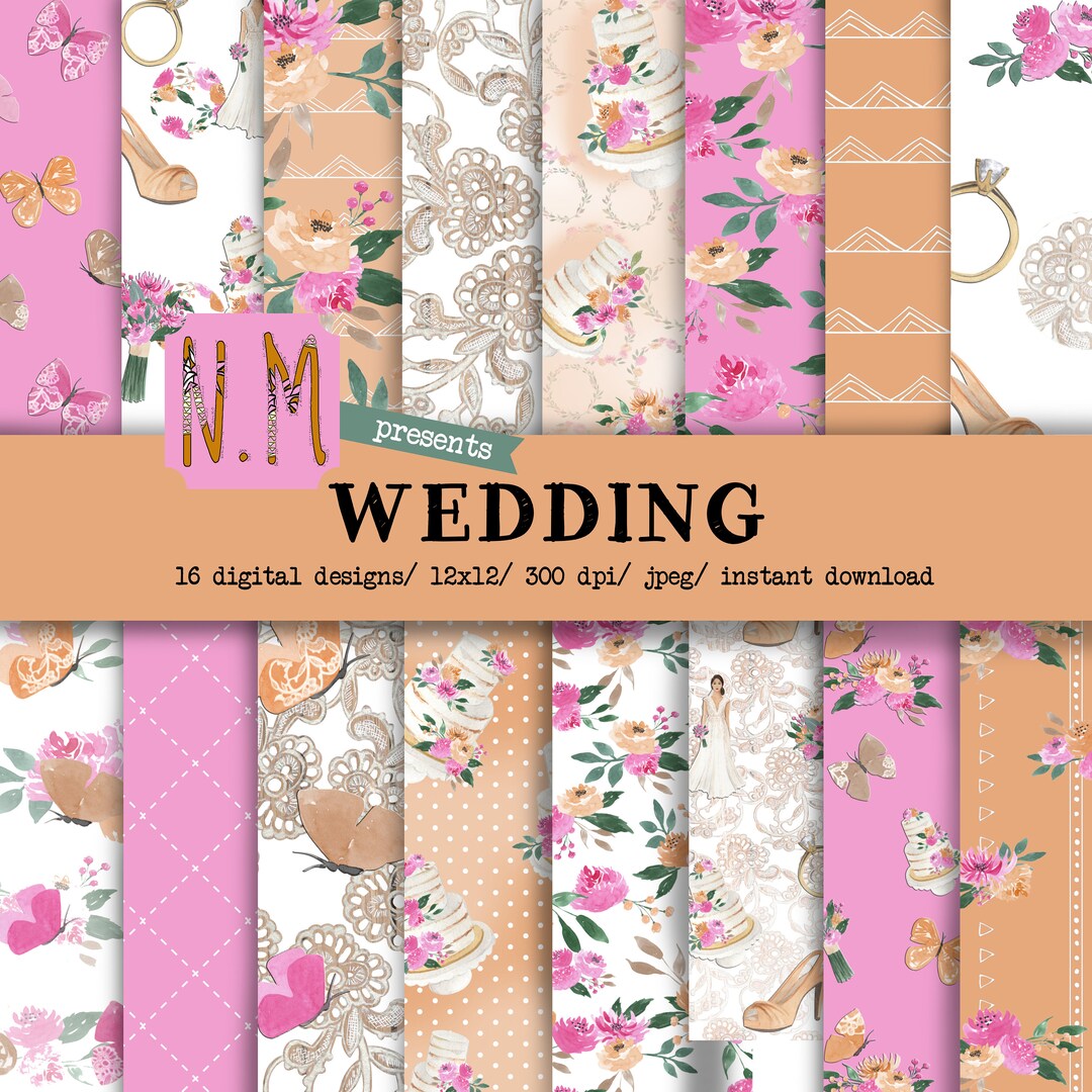 Wedding Digital Paper Pack Watercolor Spring Wedding Pattern Pink Coral ...