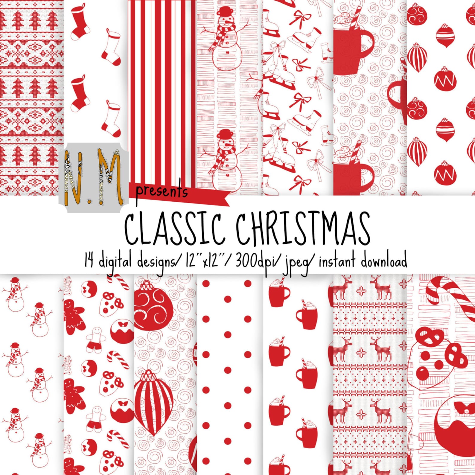 Red and White Christmas Digital Paper Pack Christmas Digital - Etsy