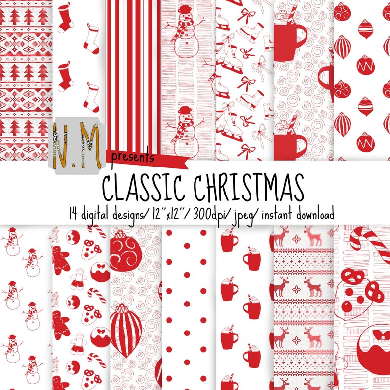 Red and White Christmas Digital Paper Pack Christmas Digital - Etsy