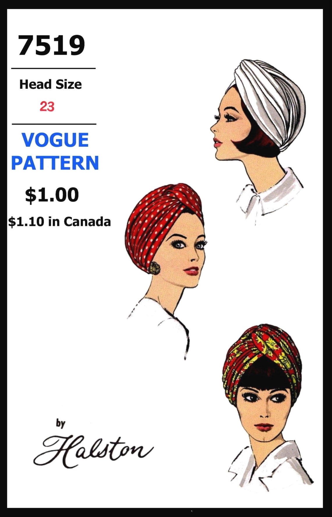 23 7519 Vogue Designer Halston TURBAN Hat Ledger - Etsy