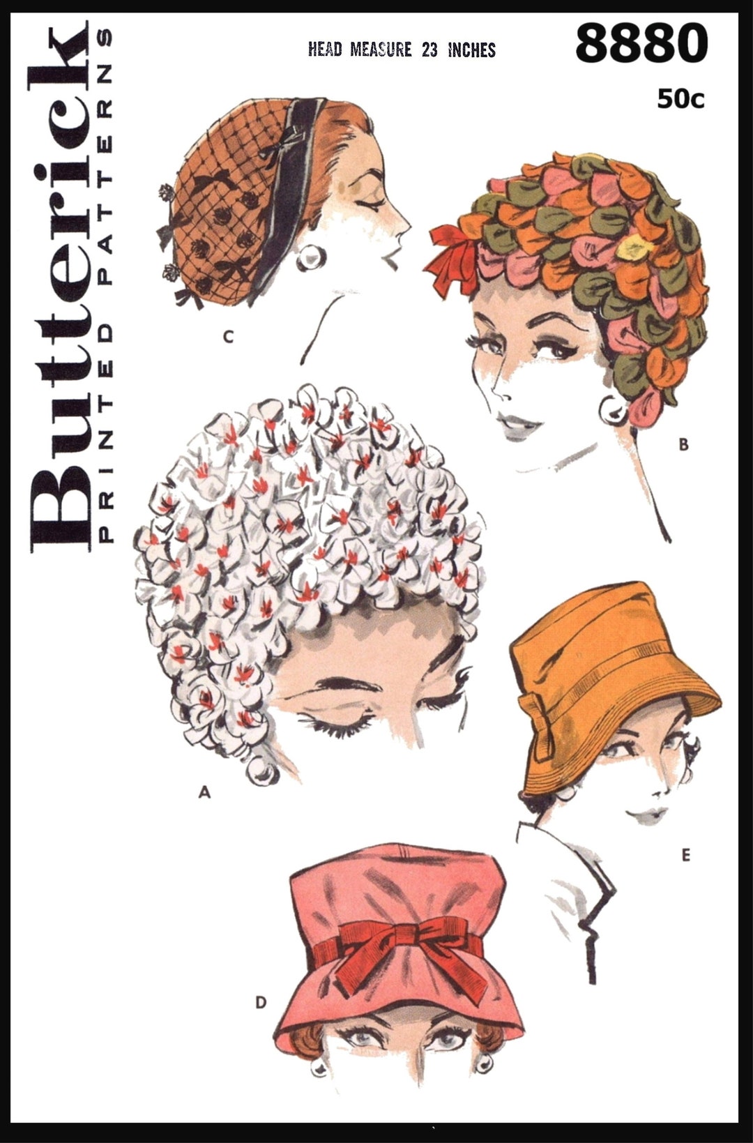Sz 23 Butterick 8880 UNIQUE Hats Pattern Millinery 40's Chemo Cancer ...