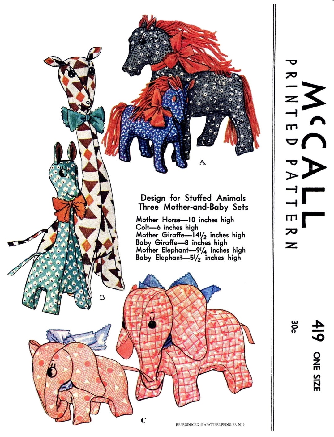 Ledger Mccall 419 Stuffed Animal Giraffe Horse Elephant Pattern BABY ...