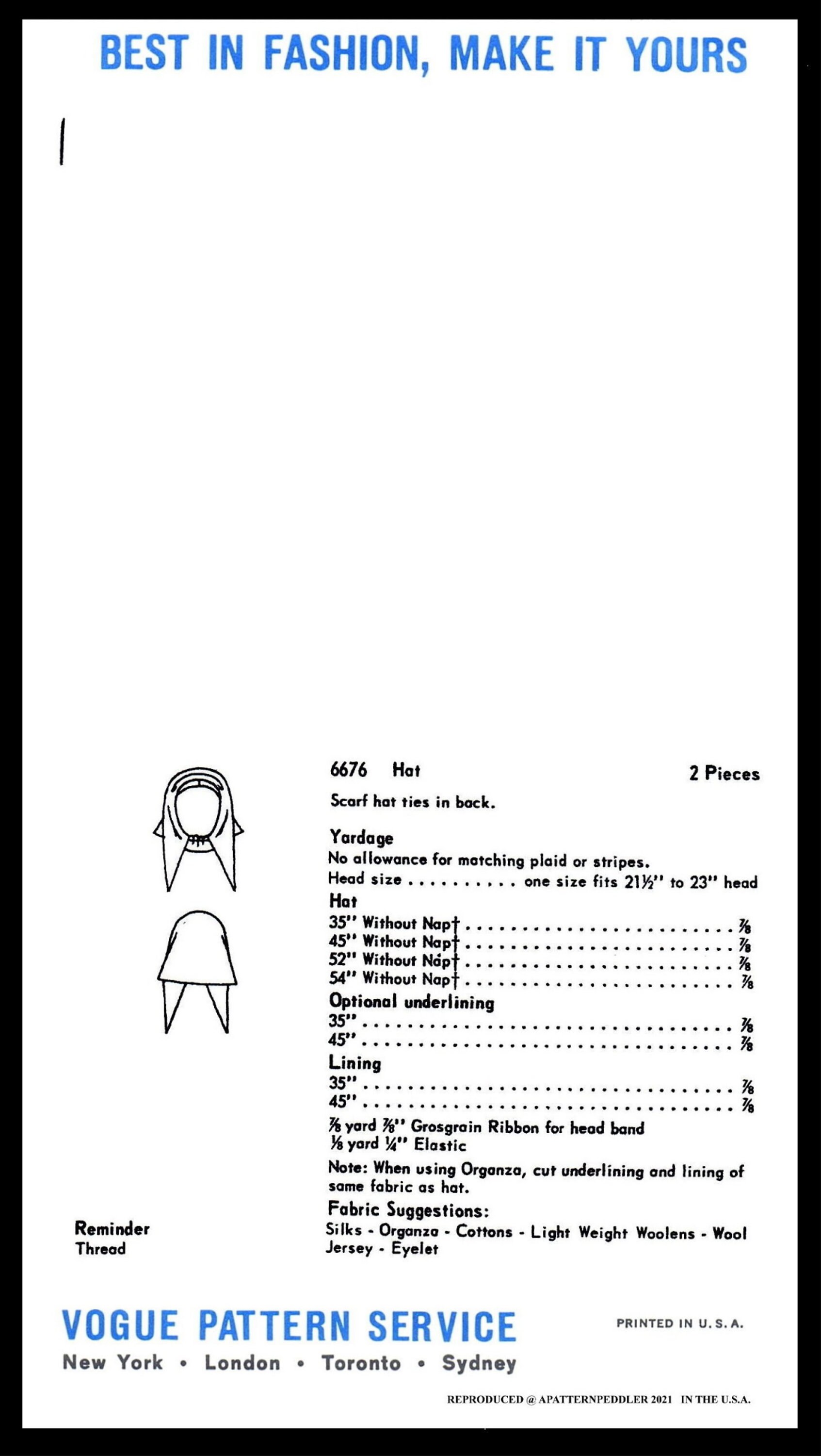 Vogue 6676 Scarf HAT Designer Halston Pattern - Etsy
