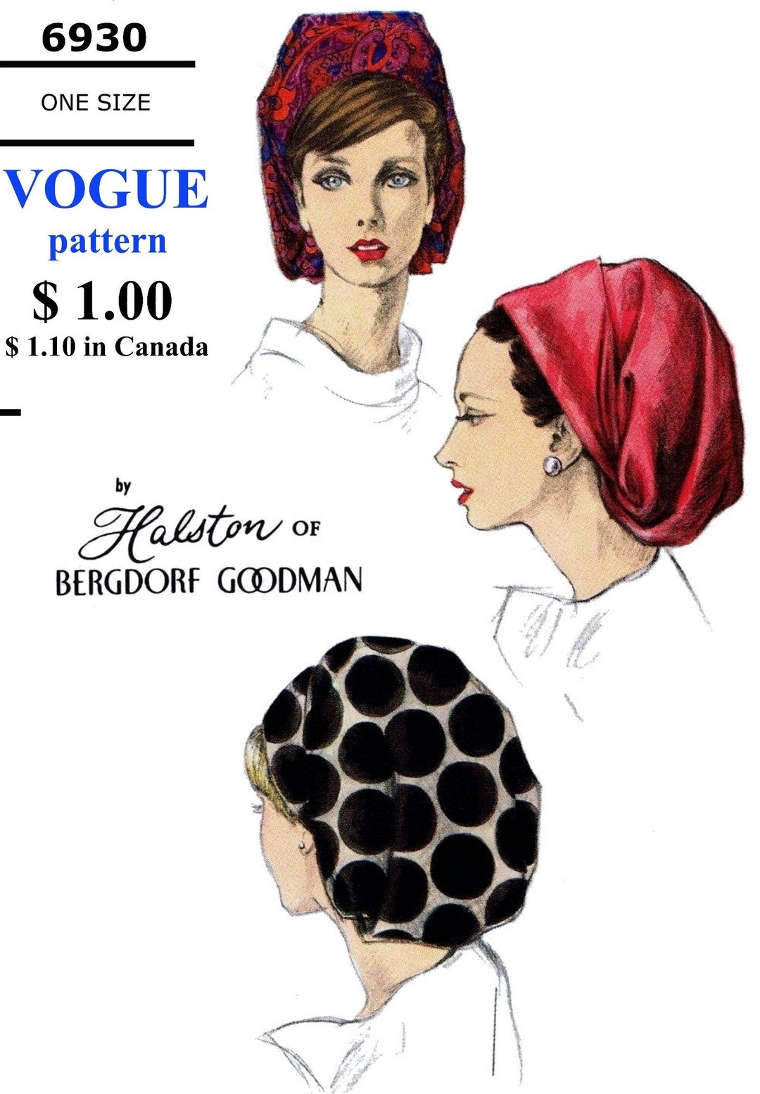 Vogue 6930 Designer Halston TURBAN Hat Cap Pattern Millinery Cancer ...