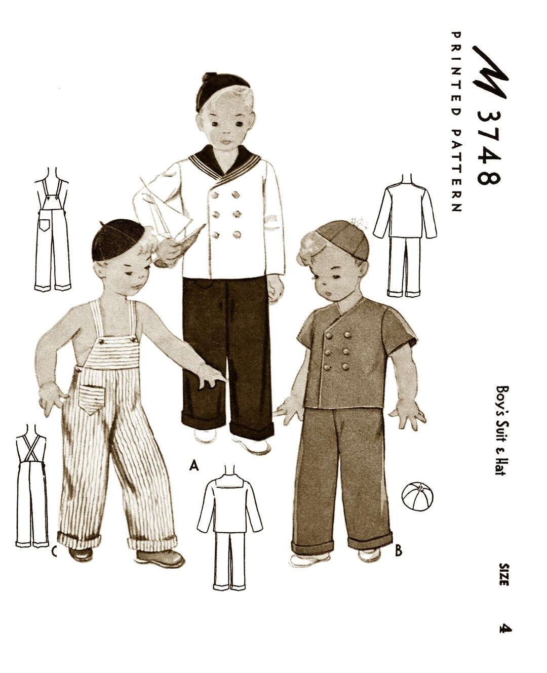 Size ~4 M 3748 Pattern BOYS Overalls Suit & Cap Hat Pdf - Etsy