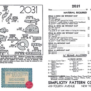 Simplicity 2031 Pattern Hats 1930's Simple Millinery 1 Size Pdf Ledger ...