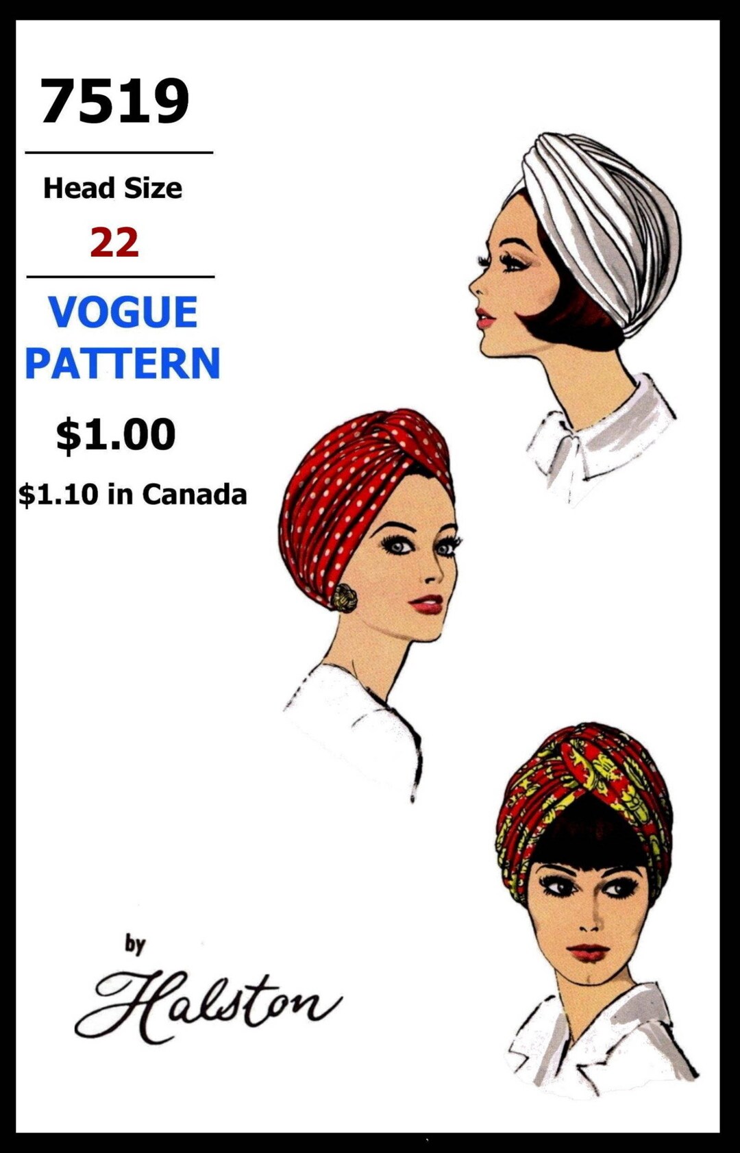 Vogue 7519 Designer Halston 22 TURBAN Hat Ledger Pattern Simple Chemo ...