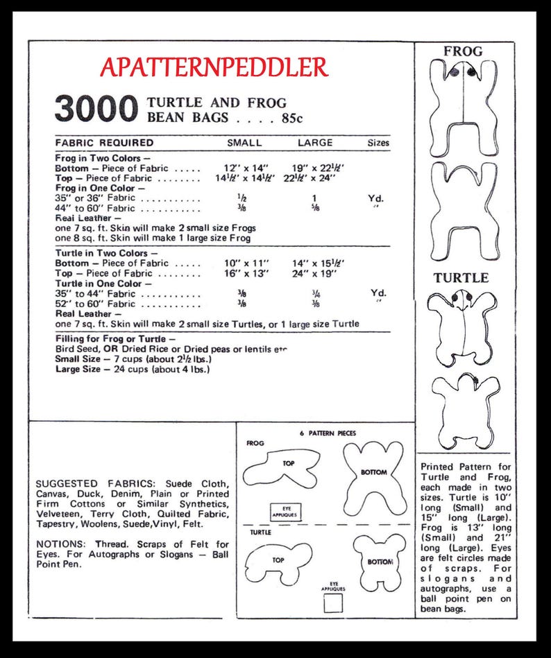 LETTER Frog Turtle Bean Bag Sewing Pattern MC 3000 Stuffed Animal Toy ...