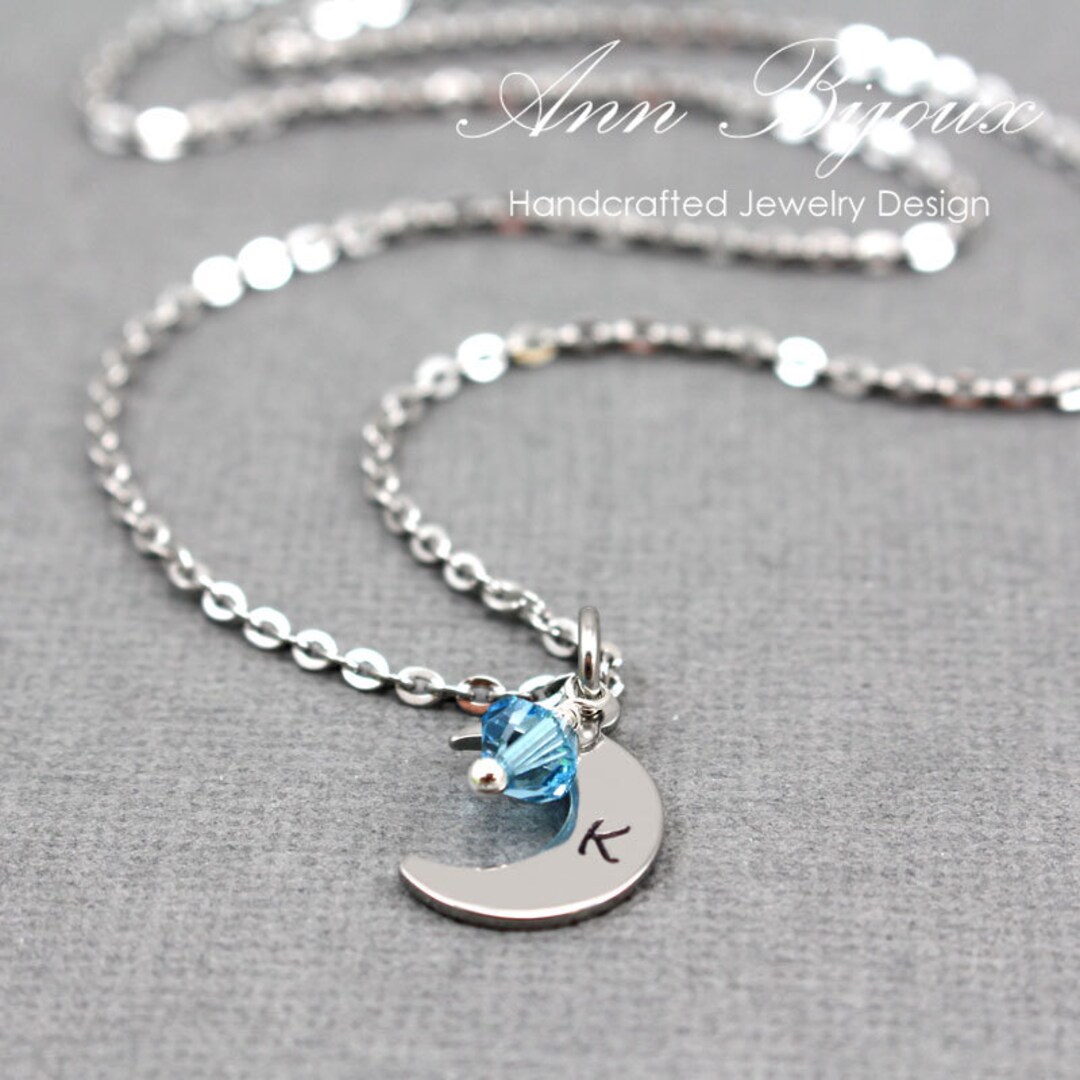 Stainless Steel Dainty Moon Charm With Birthstone Necklace, Laser ...