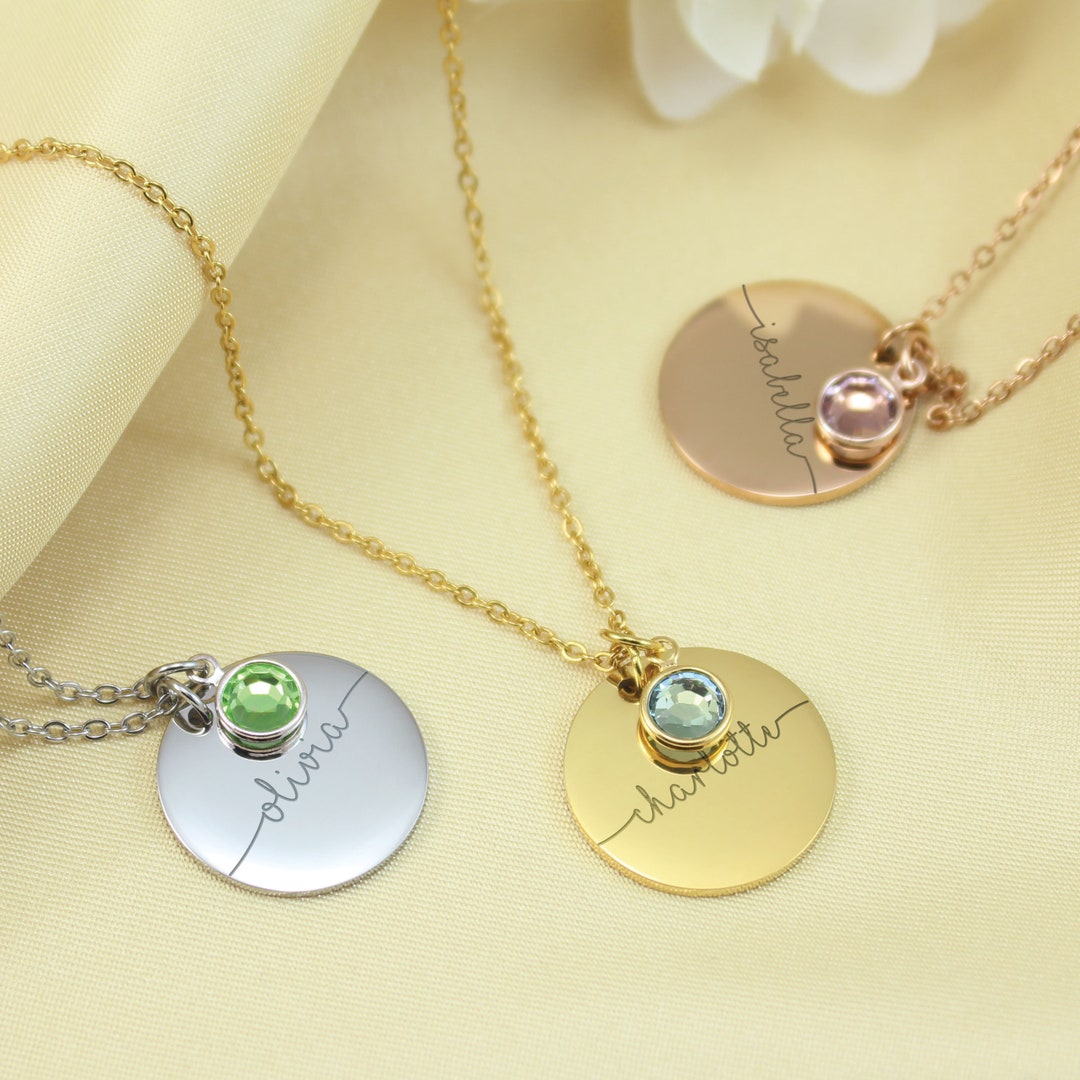 Engraved Name Birthstone Necklace: Stainless Steel Personalized Pendant ...