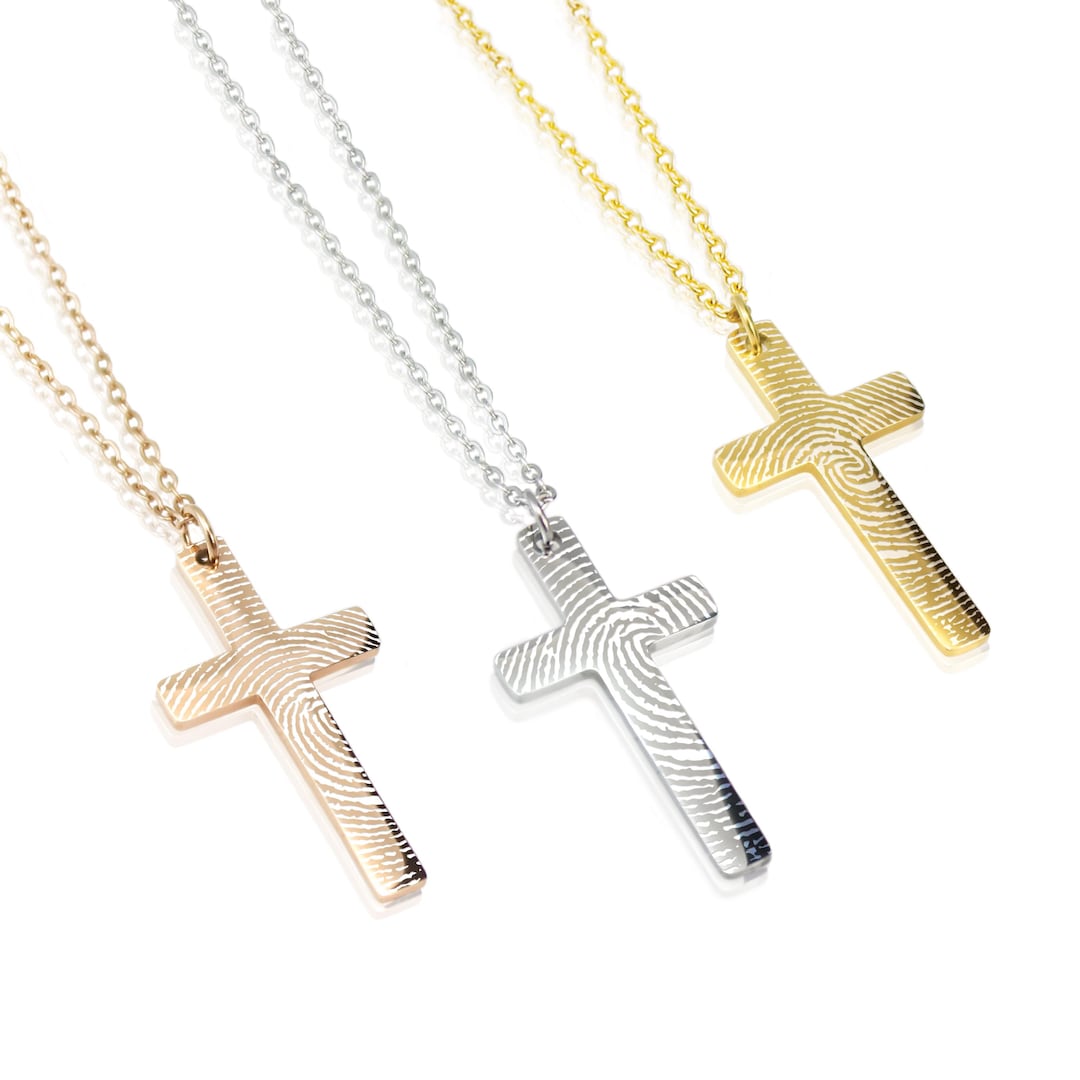 Engraved Actual Fingerprint Cross Necklace: Personalized Stainless ...