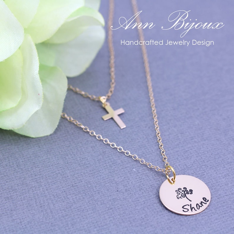 Personalized Name With Cross Layered Necklace Hand Stamped - Etsy