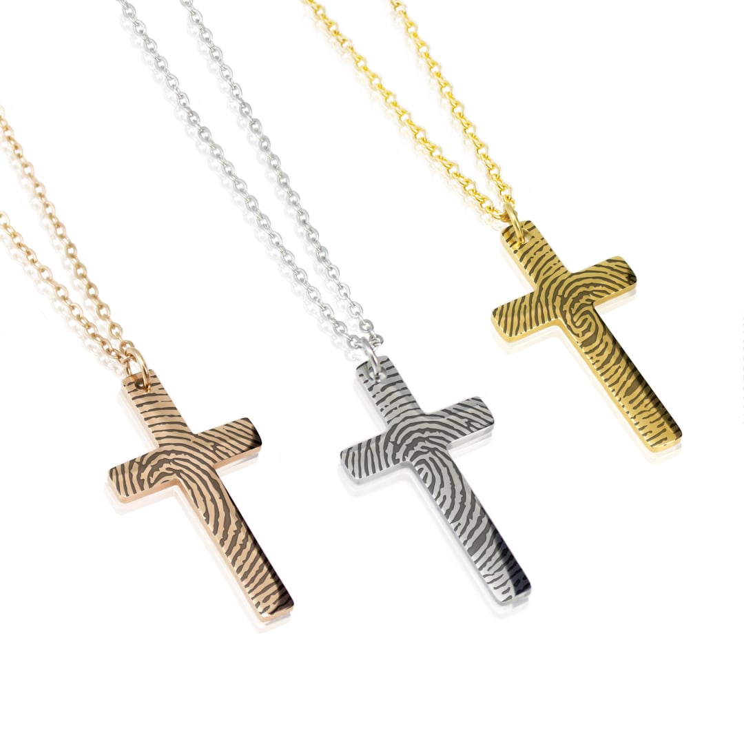 Engraved Fingerprint Cross Necklace: Personalized Stainless Steel ...