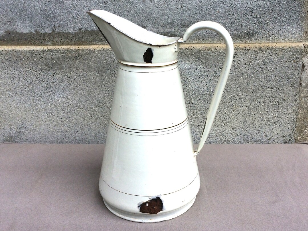 White Enamel Pitcher, Shabby Chic Mid Century Enamelware - Etsy