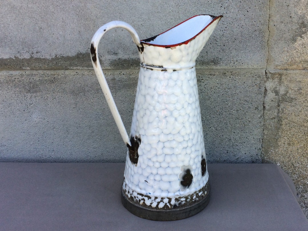 White Enamel Pitcher, Shabby Chic Mid Century Enamelware - Etsy
