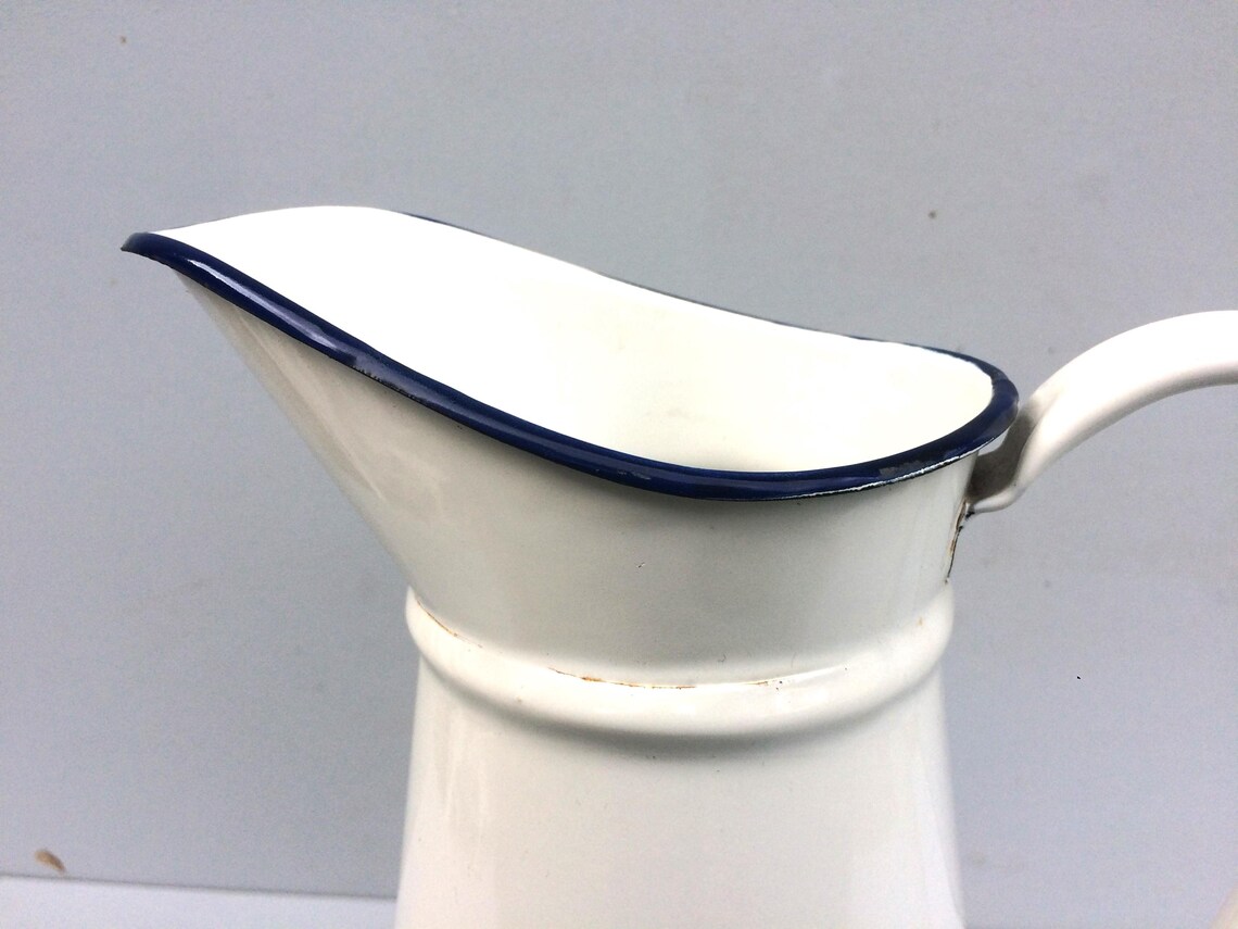 Large White Enamel Pitcher, Mid Century Enamelware - Etsy