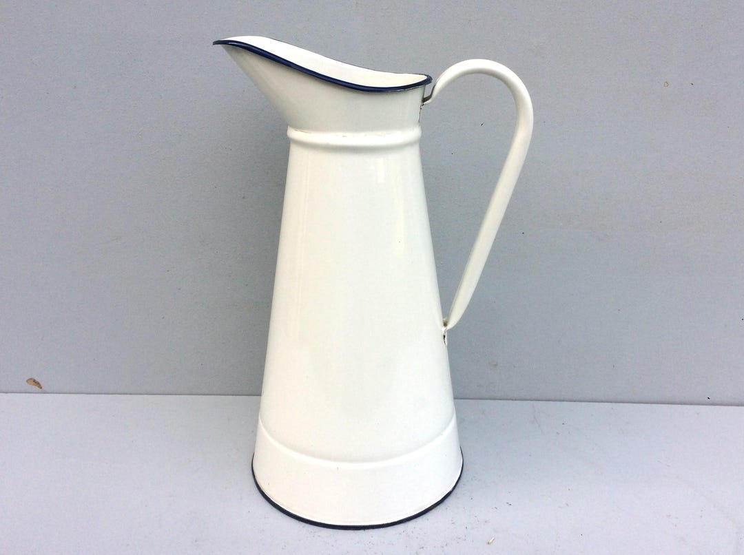 Large White Enamel Pitcher, Mid Century Enamelware - Etsy