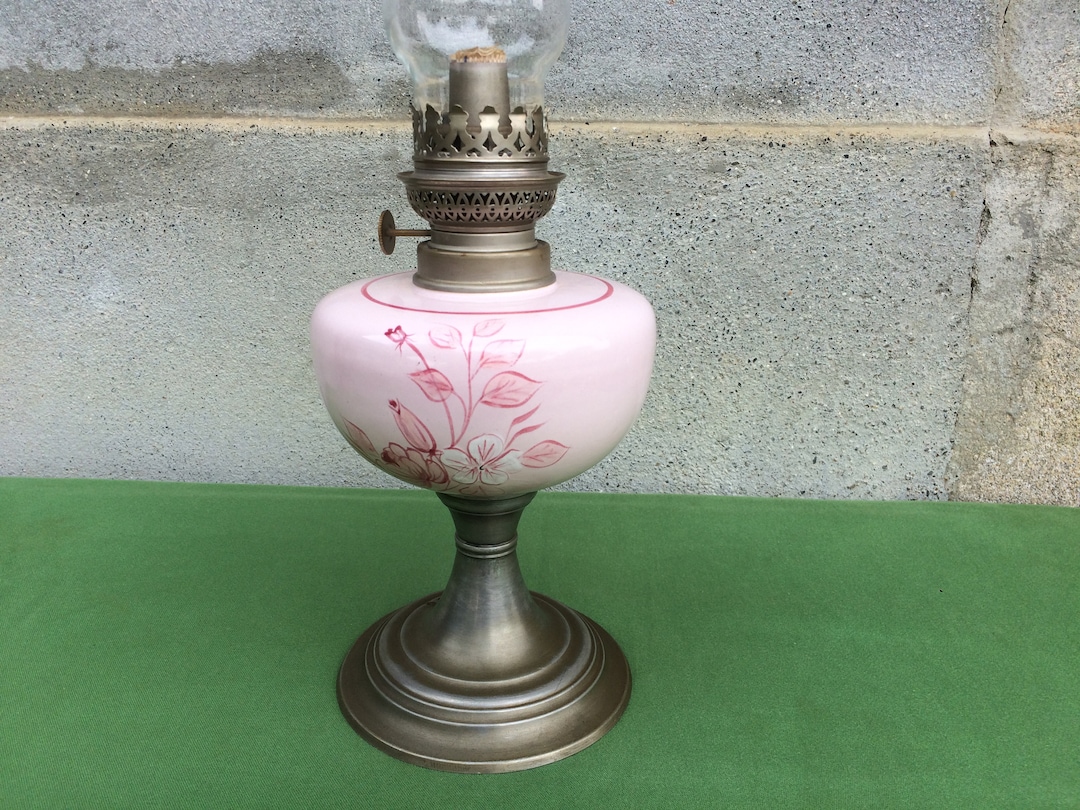 Pink Oil Lamp With Floral Decor, Vintage Kerosene Lantern, Decorative ...