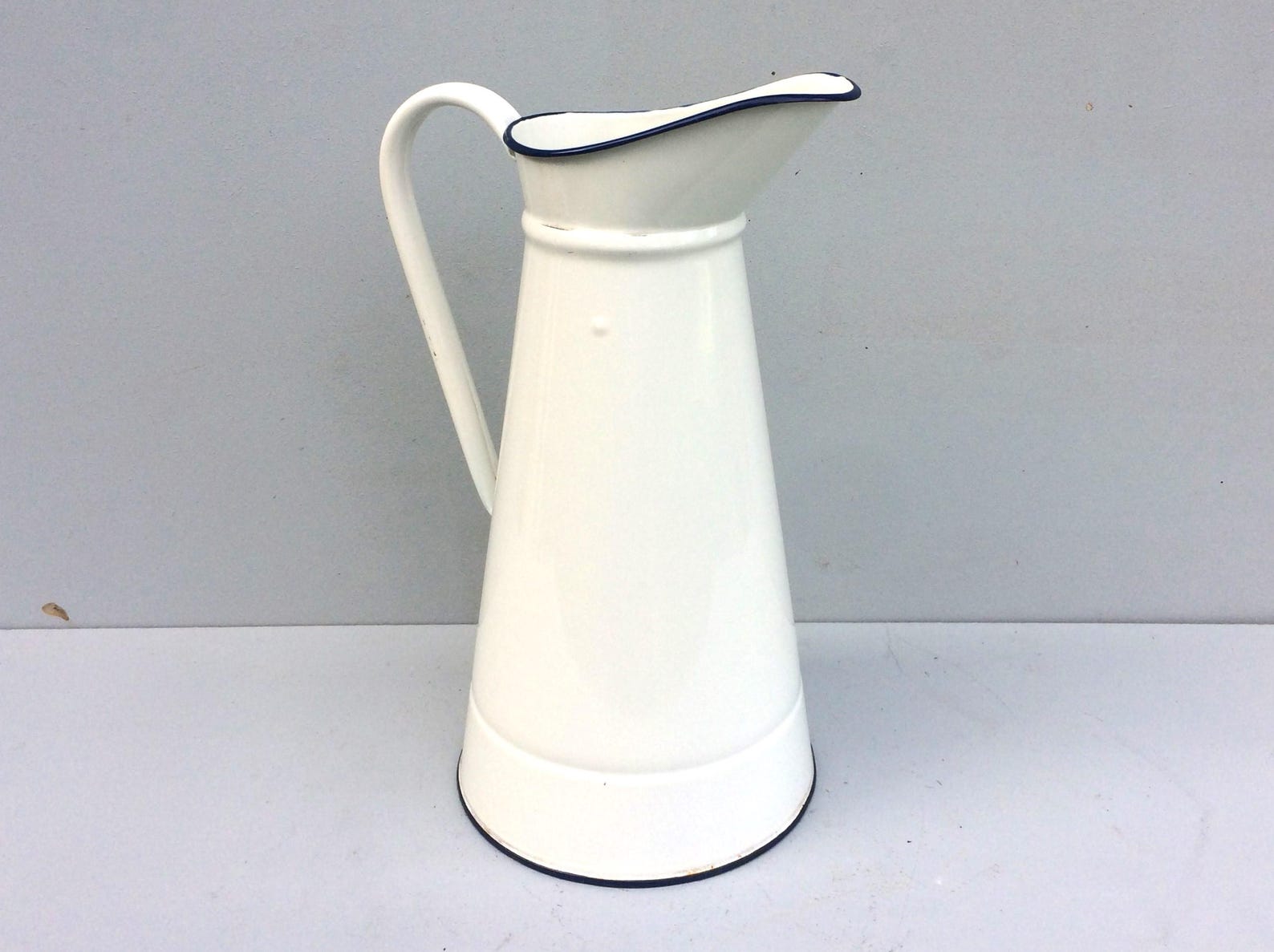 Large White Enamel Pitcher, Mid Century Enamelware - Etsy