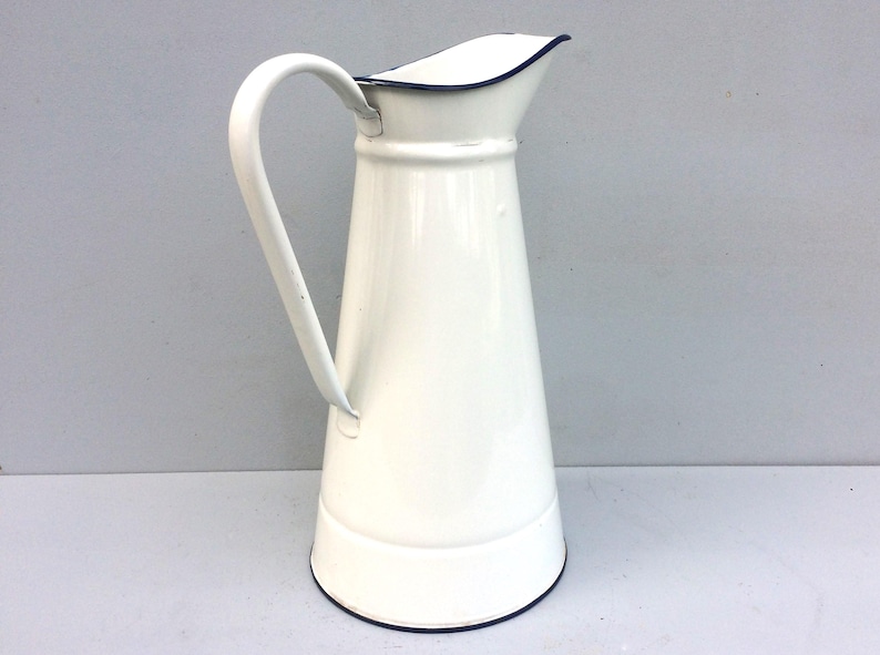 Large White Enamel Pitcher, Mid Century Enamelware - Etsy