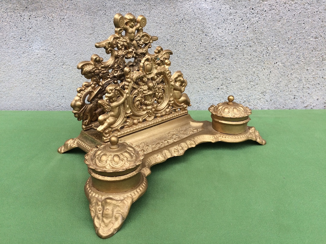 Antique Double Inkwell, Art Nouveau Brass Ink Well for Dipping Pens or ...