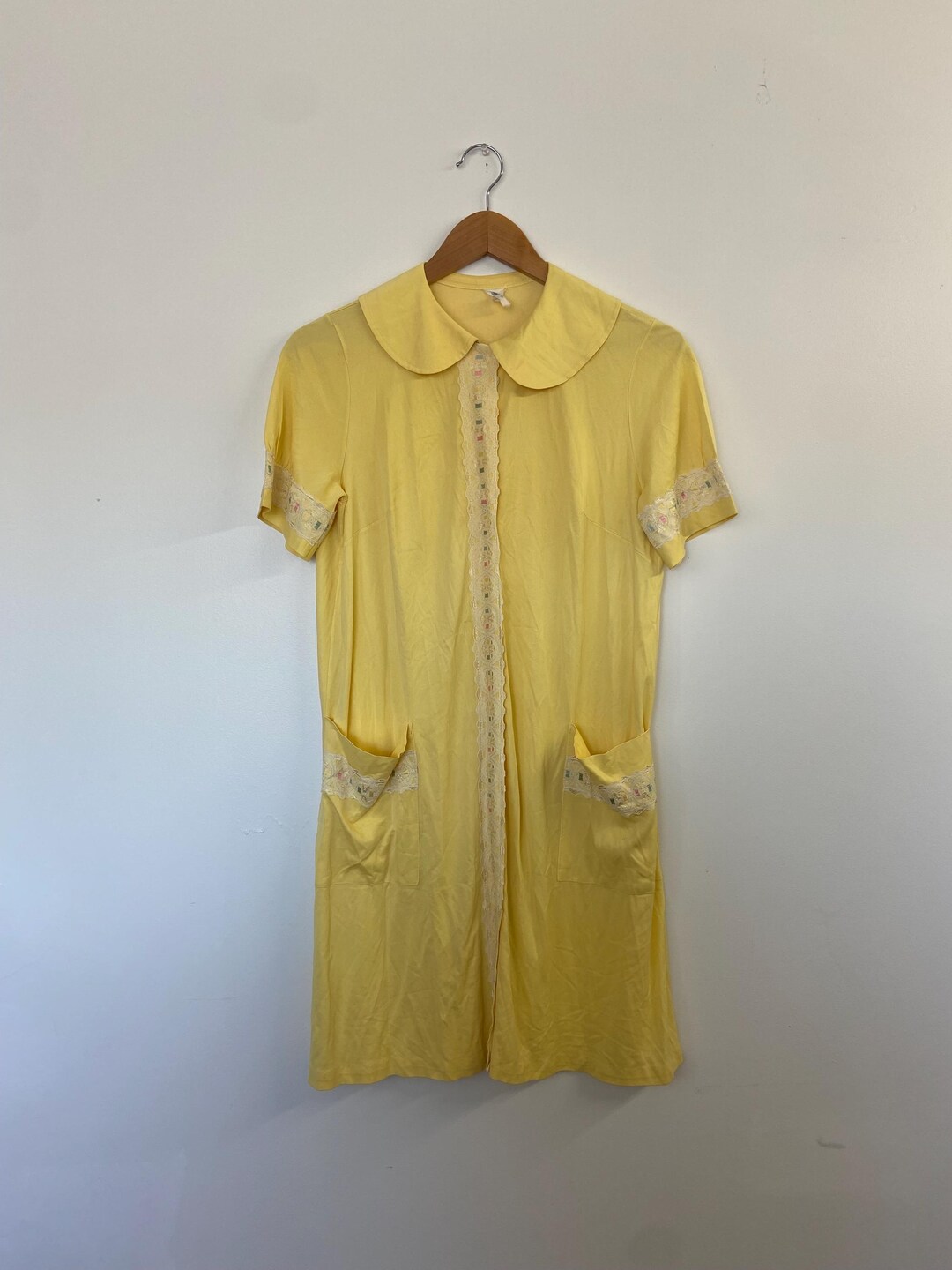Vintage 60s Yellow Chore Jacket Dress Snap Front Lace Embellishment ...