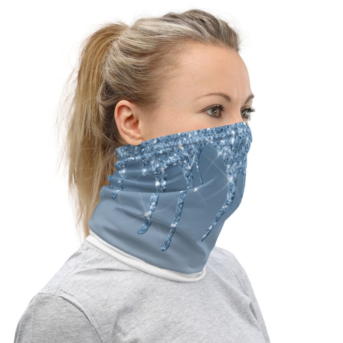 Dripping Blue Glitter Washable Face Mask Neck Gaiter | Ombre Blue to ...