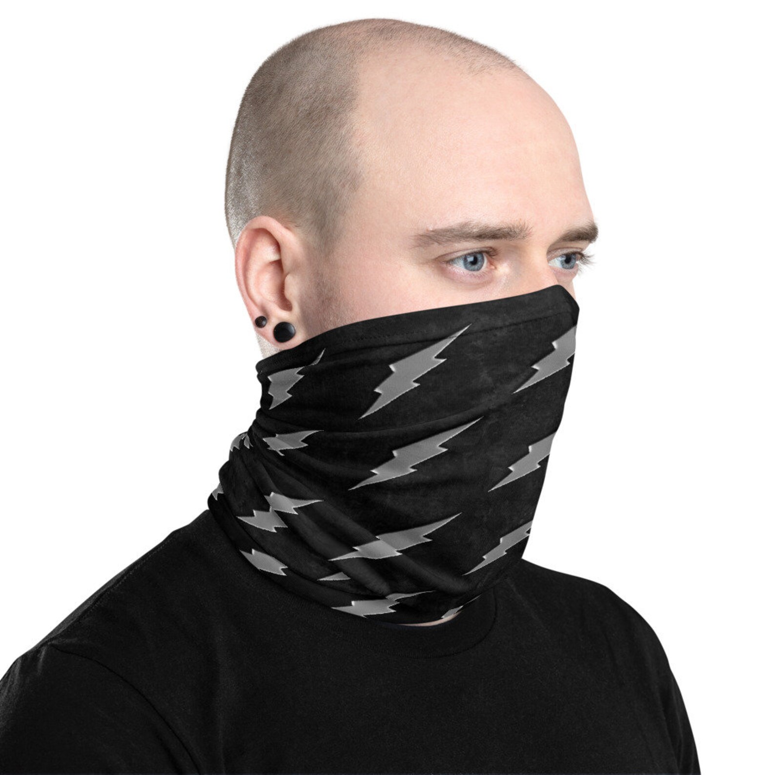 Lightning Bolt Washable Face Mask Neck Gaiter | Black and Silver - Etsy