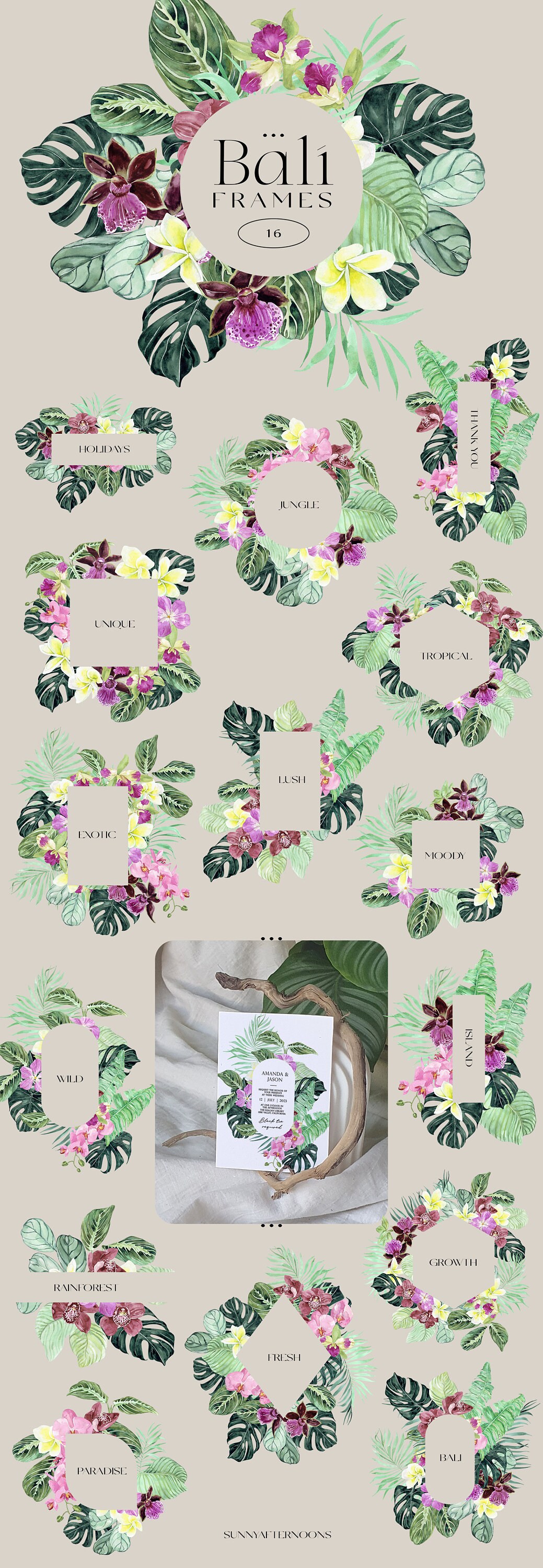 Bali Tropical Watercolor Floral Frames Clipart, Exotic Flowers & Jungle ...