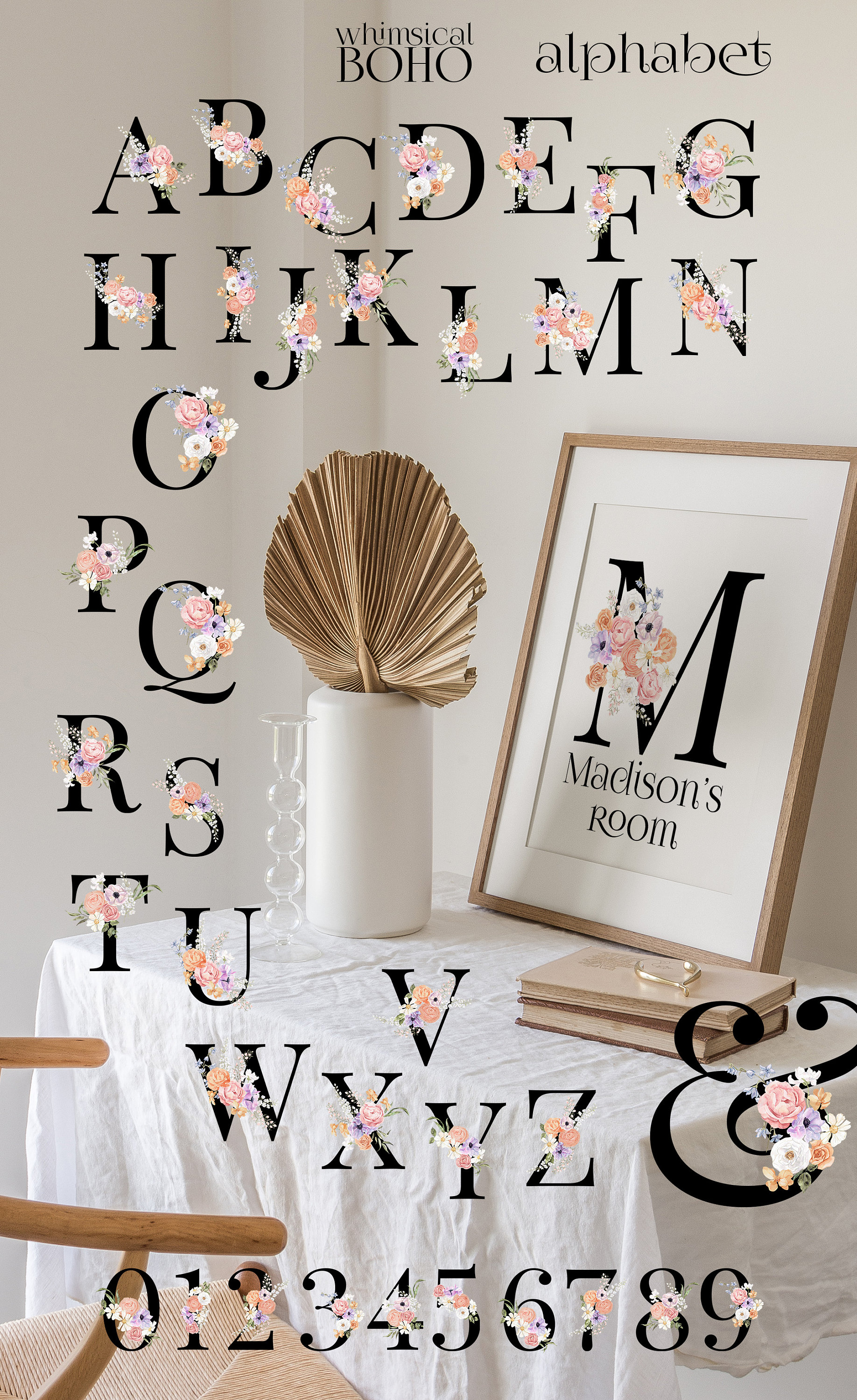 Whimsical Boho Alphabet Watercolor Pastel Floral Clipart, Light Flowers ...